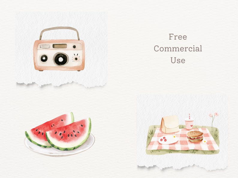 Cute Spring Picnic Watercolor Clipart Bundle, Outdoor Summer Lunch ...