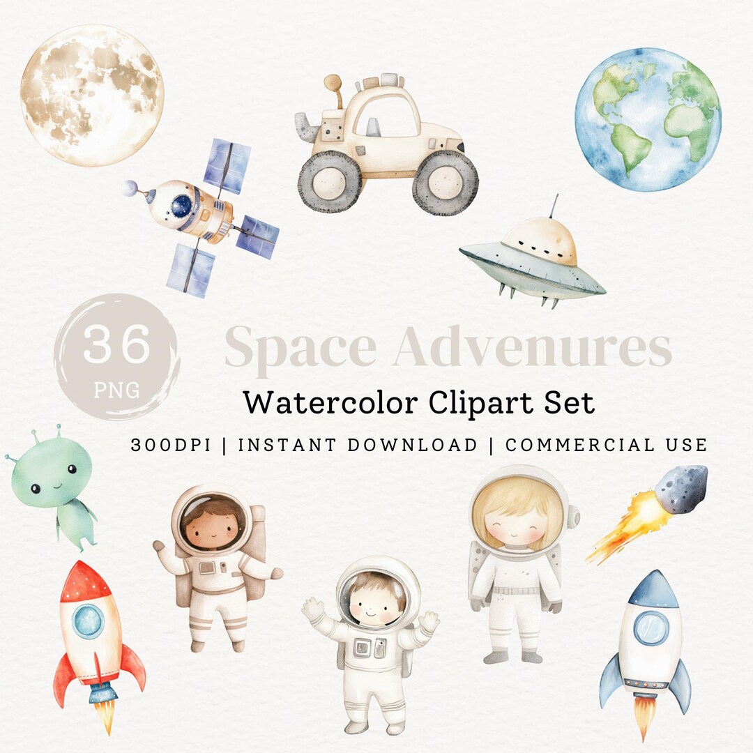 Cute Space Astronaut Watercolor Clipart Bundle, Printable Planet ...