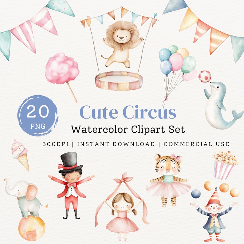 Cute Circus Watercolor Clipart Bundle, Adorable Carnival Animals ...