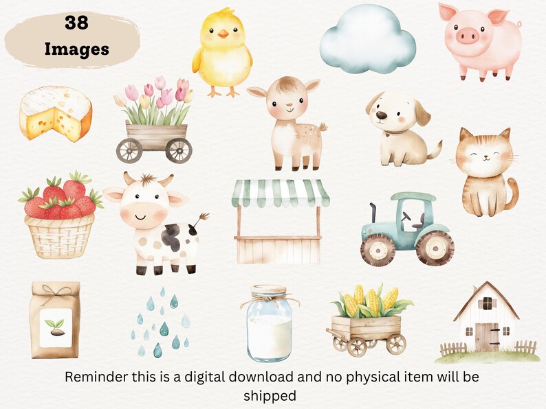 Cute Farm Watercolor Clipart Bundle, Baby Animals Digital Sticker ...