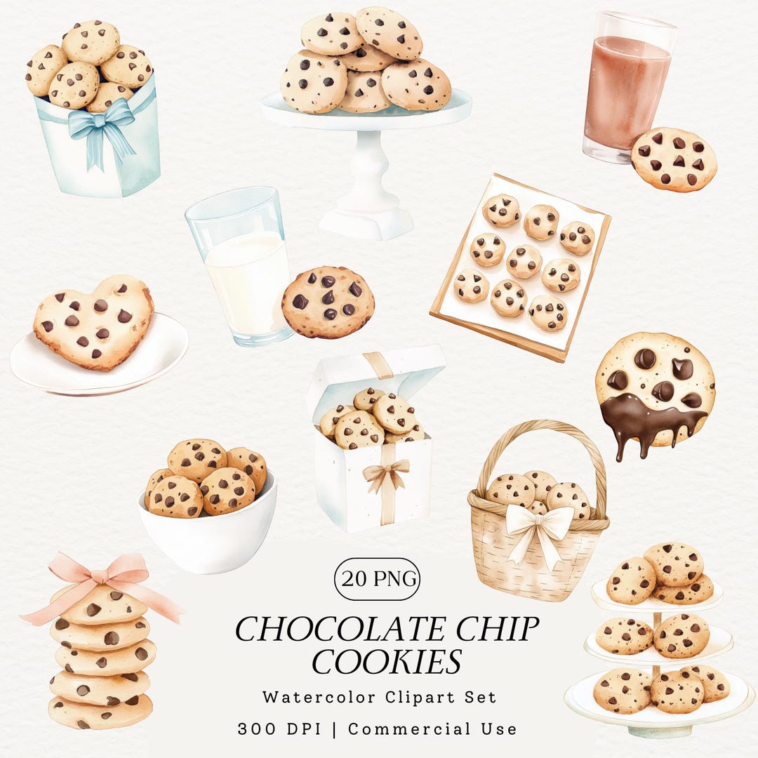 Cute Chocolate Chip Cookie Watercolor Clipart Bundle, Sweet Bakery ...
