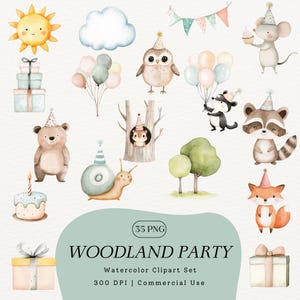 Cute Woodland Birthday Party Watercolor Clipart Bundle, Whimsical ...