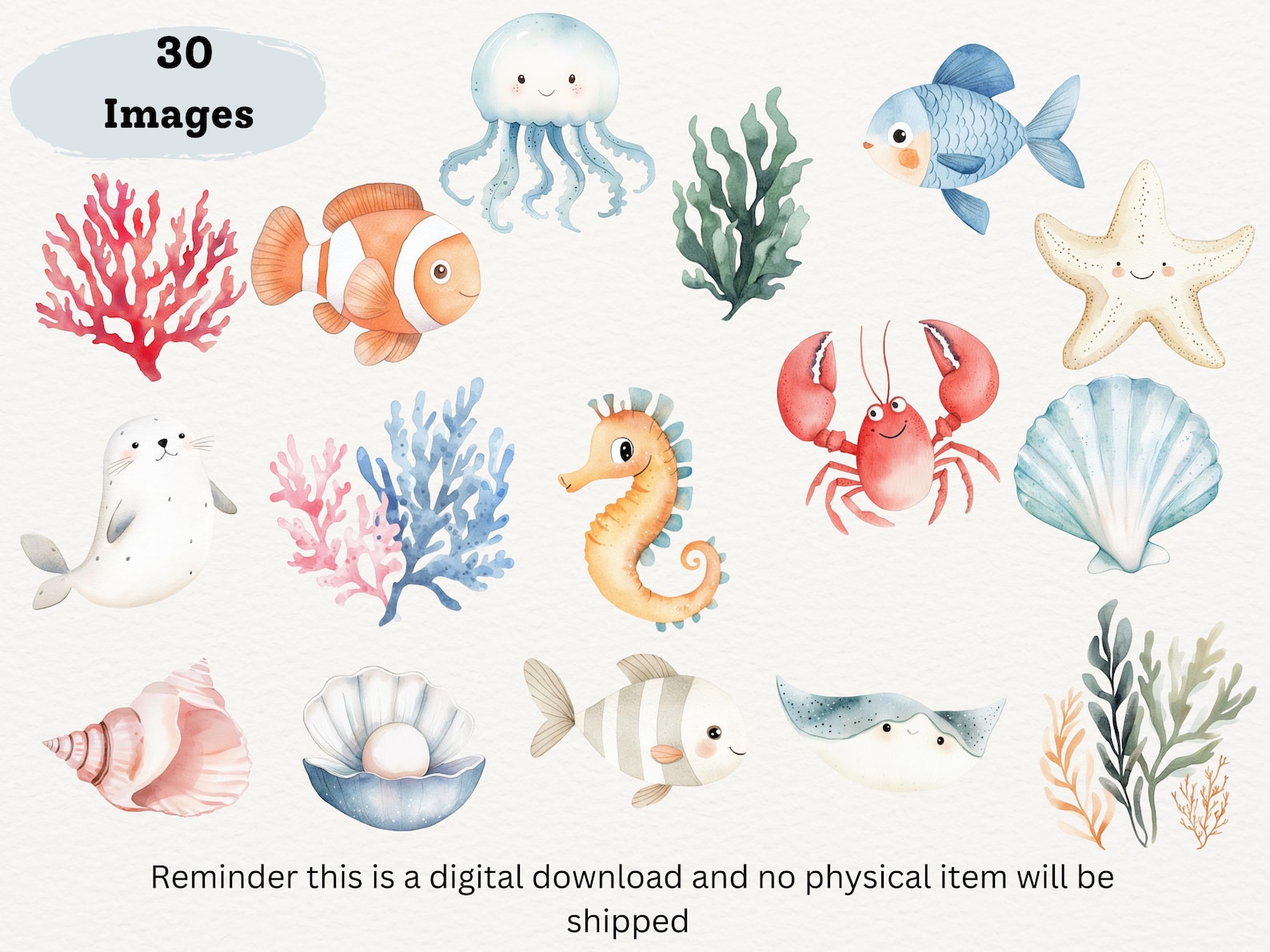 Cute Deep Sea Ocean Creatures Watercolor Clipart Bundles, Printable ...