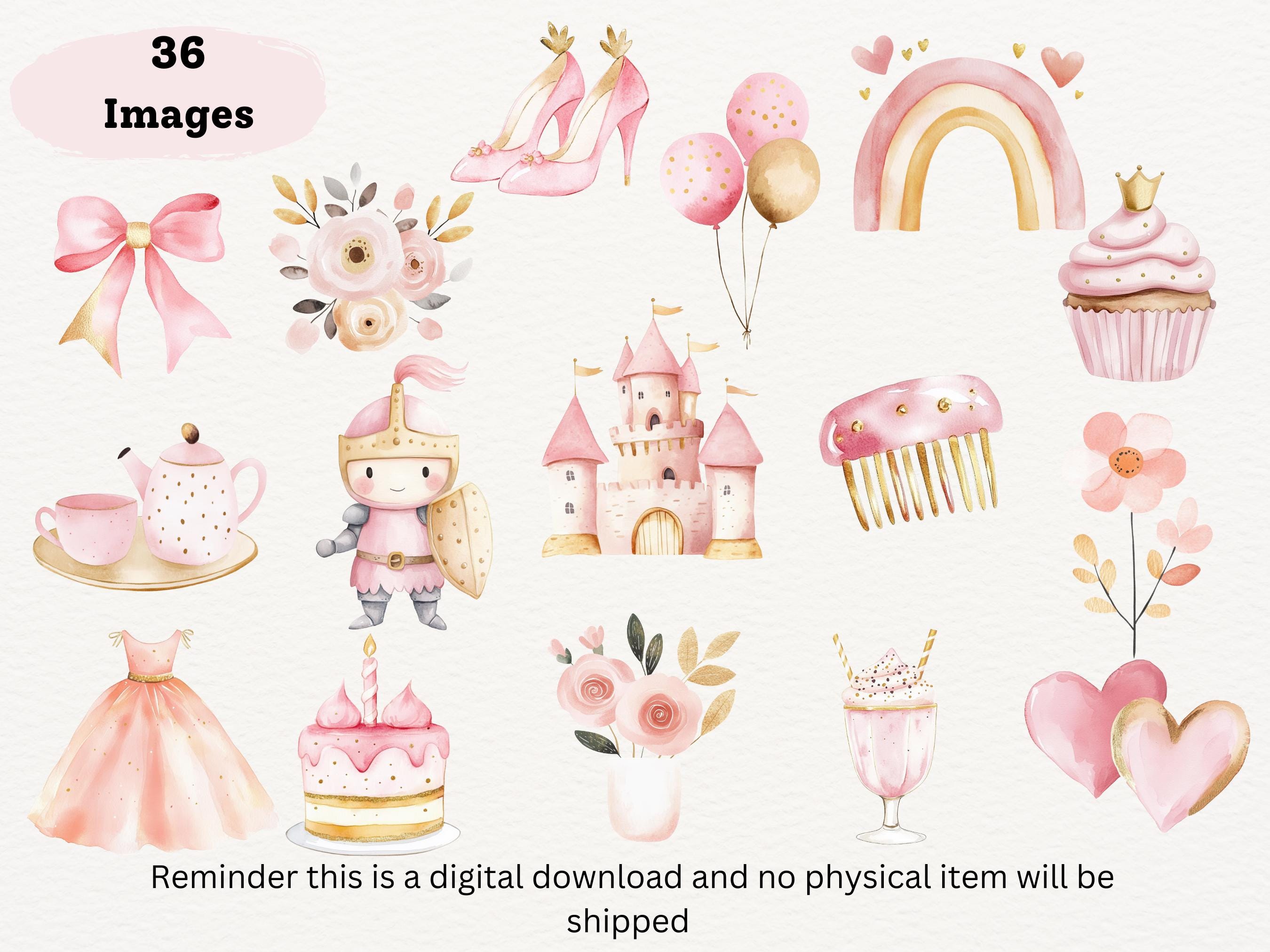 Cute Pink Princess Watercolor Clipart Bundle, Girl Birthday Party ...
