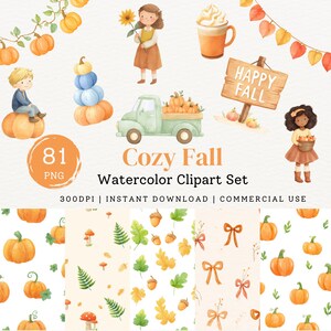 Cute Cozy Fall Watercolor Clipart Bundles, Printable Boho Autumn ...