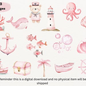 Cute Pink Sailor Watercolor Clipart Bundle, Nautical Sea Animal Digital ...