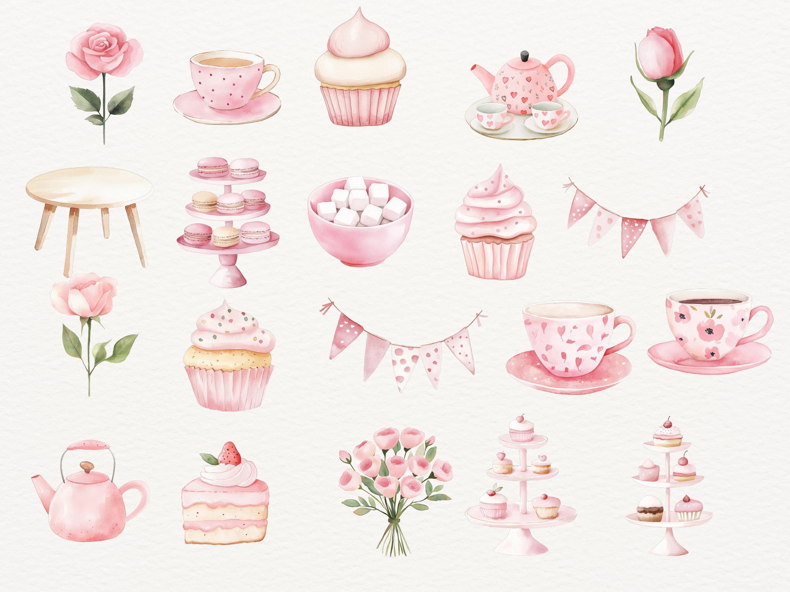 Cute Pink Tea Party Watercolor Clipart Bundle, Boho Spring Picnic ...