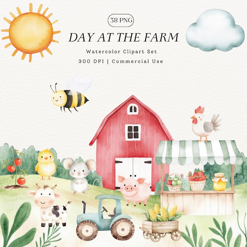 Cute Farm Watercolor Clipart Bundle, Baby Animals Digital Sticker ...