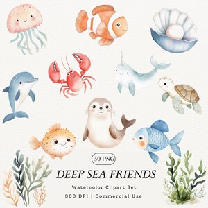 Cute Deep Sea Ocean Creatures Watercolor Clipart Bundles, Printable ...