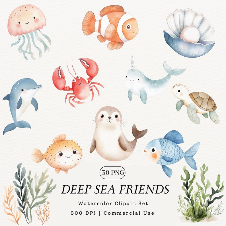 Cute Deep Sea Ocean Creatures Watercolor Clipart Bundles, Printable ...