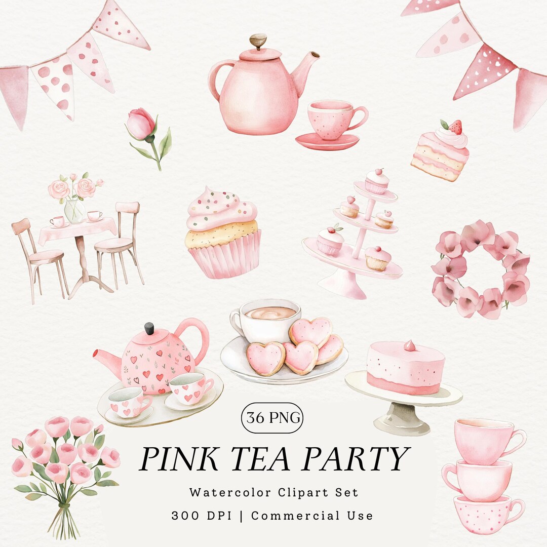 Cute Pink Tea Party Watercolor Clipart Bundle, Boho Spring Picnic ...