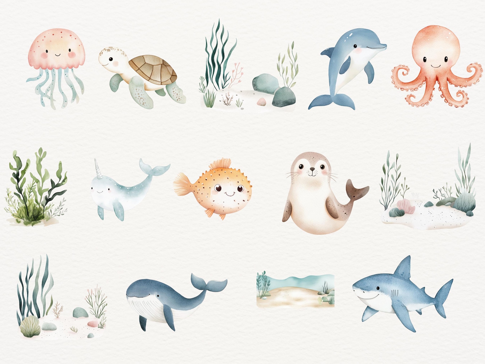 Cute Deep Sea Ocean Creatures Watercolor Clipart Bundles, Printable ...