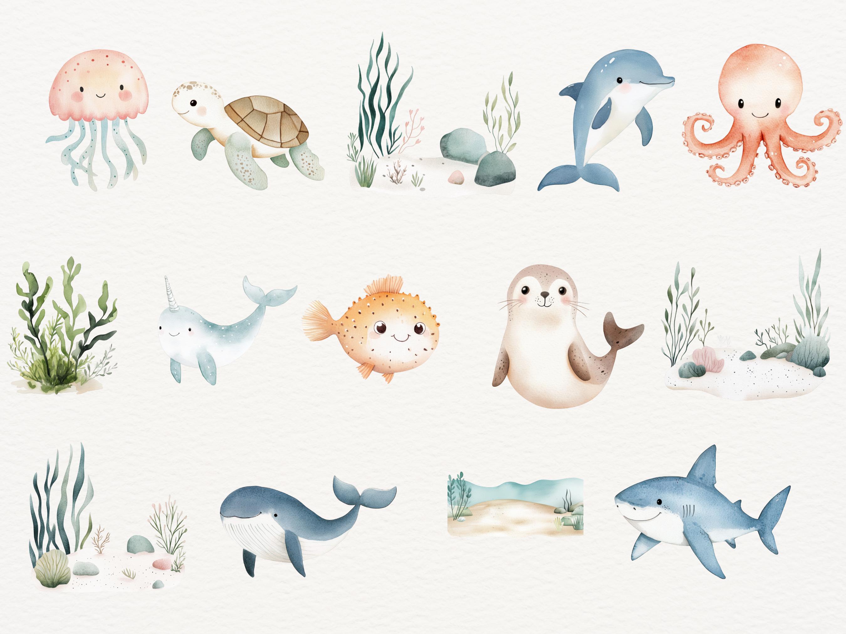 Cute Deep Sea Ocean Creatures Watercolor Clipart Bundles, Printable ...