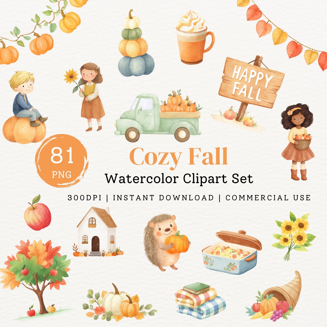 Cute Cozy Fall Watercolor Clipart Bundles, Printable Boho Autumn ...