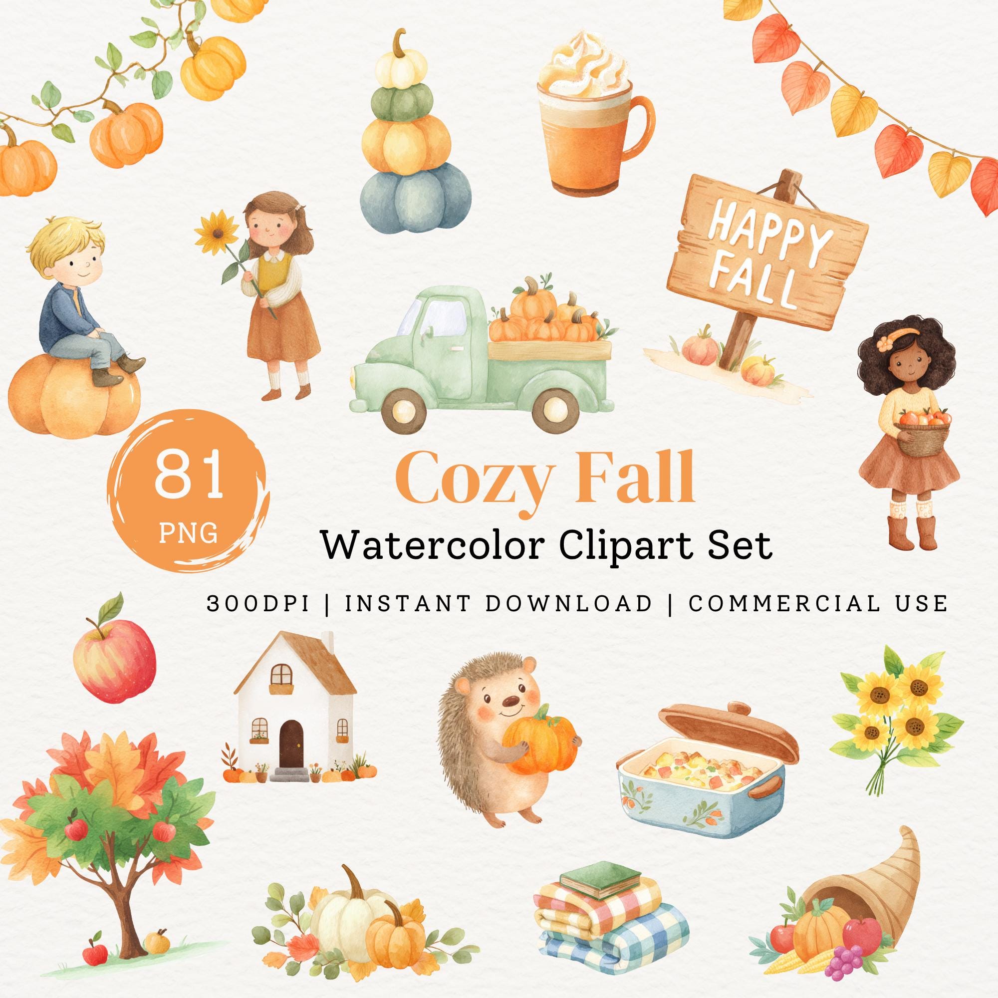 Cute Cozy Fall Watercolor Clipart Bundles, Printable Boho Autumn ...