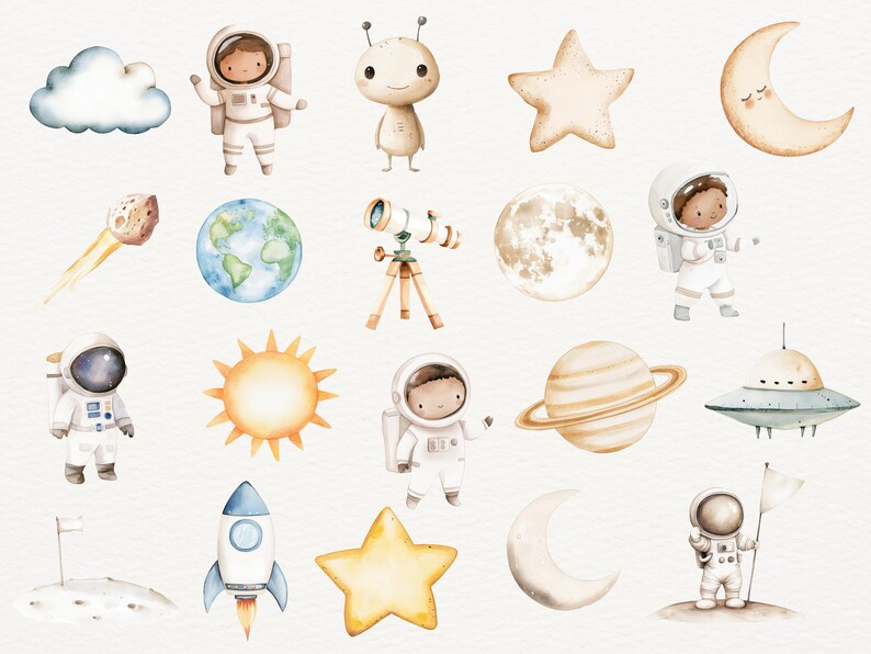 Cute Space Astronaut Watercolor Clipart Bundle, Printable Planet ...