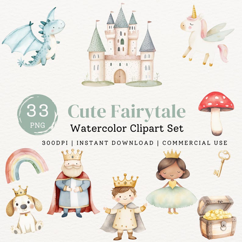 Cute Magical Fairytale Watercolor Clipart Bundle, Storybook Birthday ...