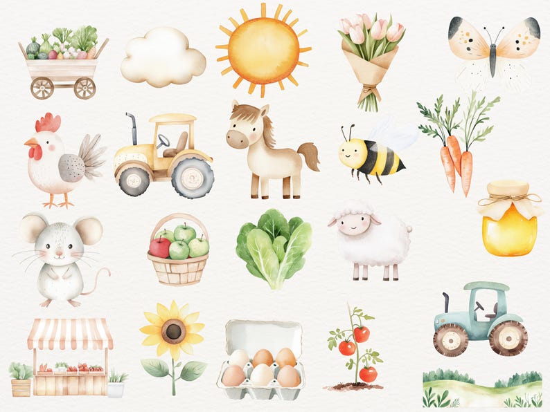 Cute Farm Watercolor Clipart Bundle, Baby Animals Digital Sticker ...