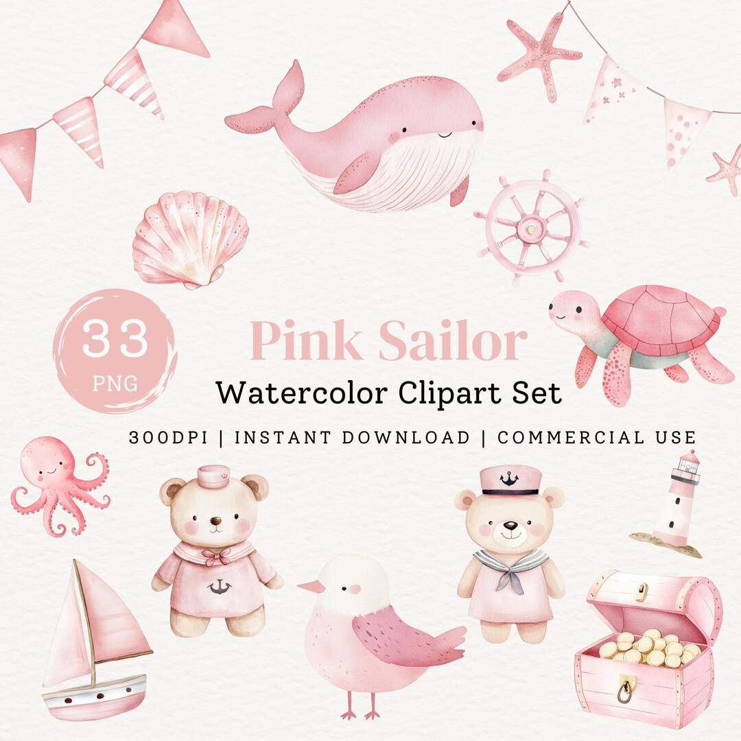 Cute Pink Sailor Watercolor Clipart Bundle, Nautical Sea Animal Digital ...
