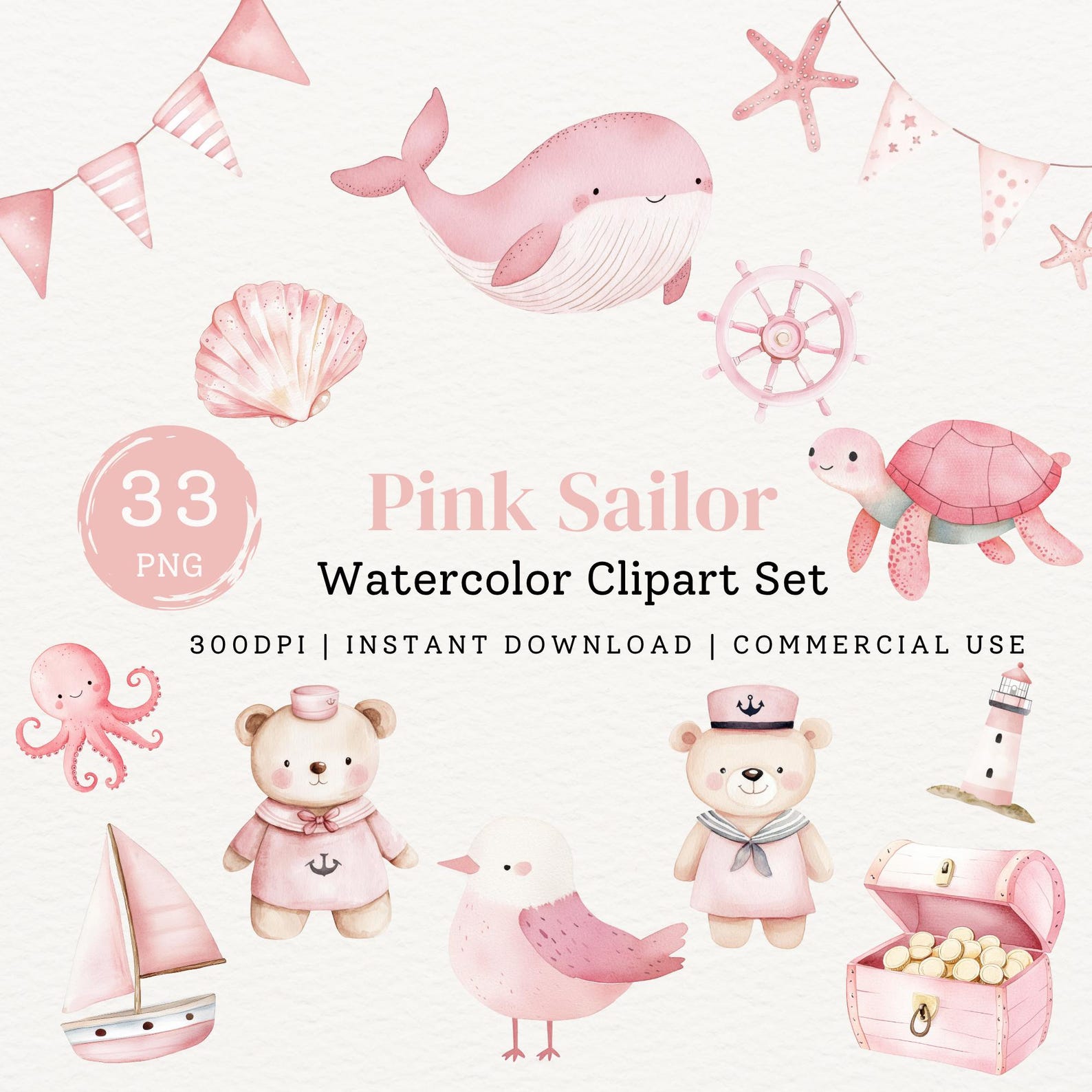 Cute Pink Sailor Watercolor Clipart Bundle, Nautical Sea Animal Digital ...