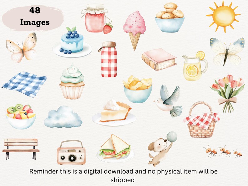 Cute Spring Picnic Watercolor Clipart Bundle, Outdoor Summer Lunch ...