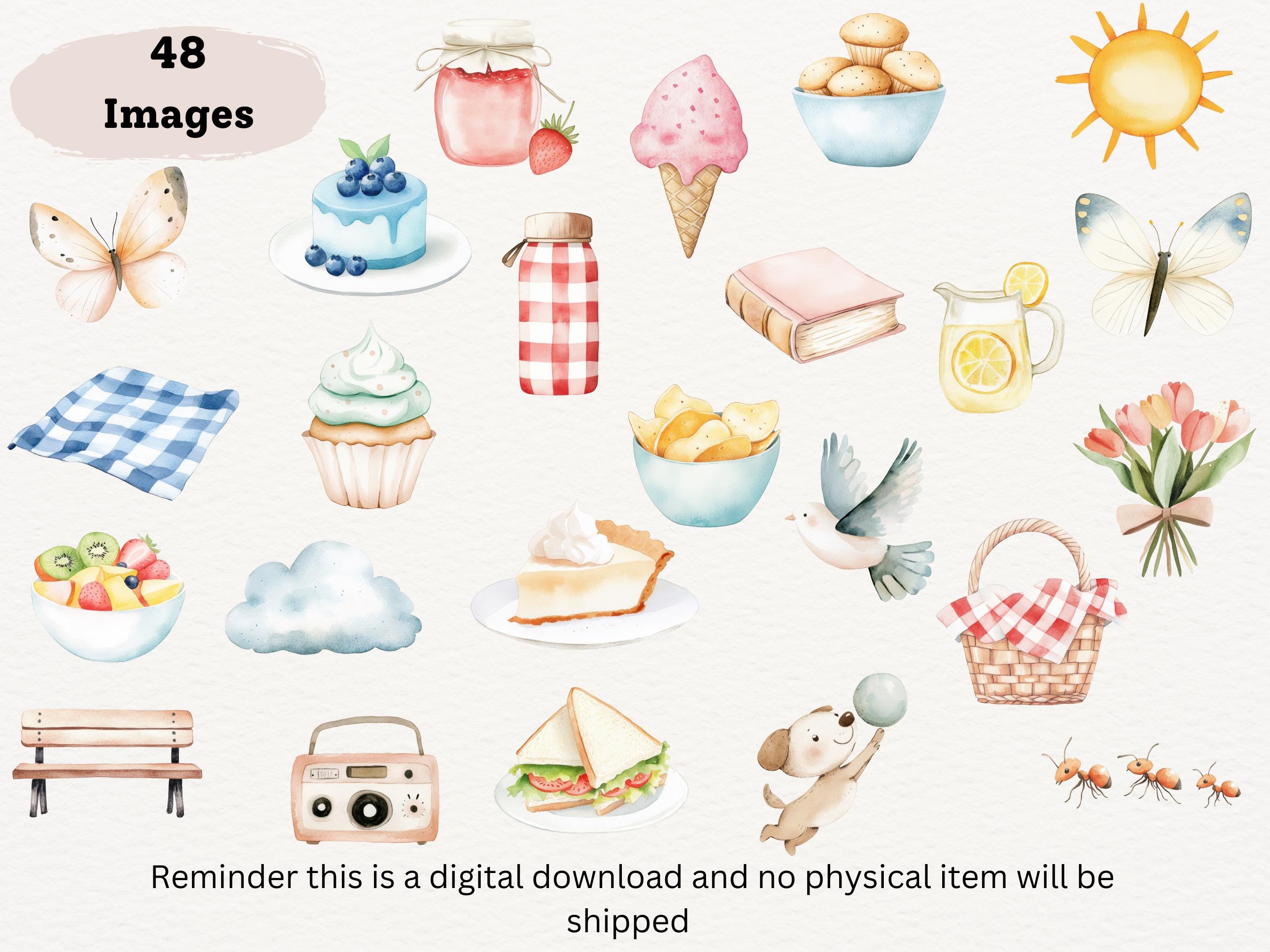 Cute Spring Picnic Watercolor Clipart Bundle, Outdoor Summer Lunch ...