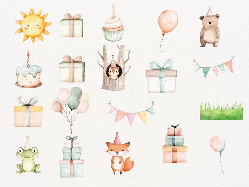 Cute Woodland Birthday Party Watercolor Clipart Bundle, Whimsical ...