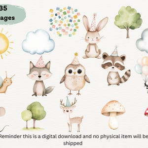 Cute Woodland Birthday Party Watercolor Clipart Bundle, Whimsical ...