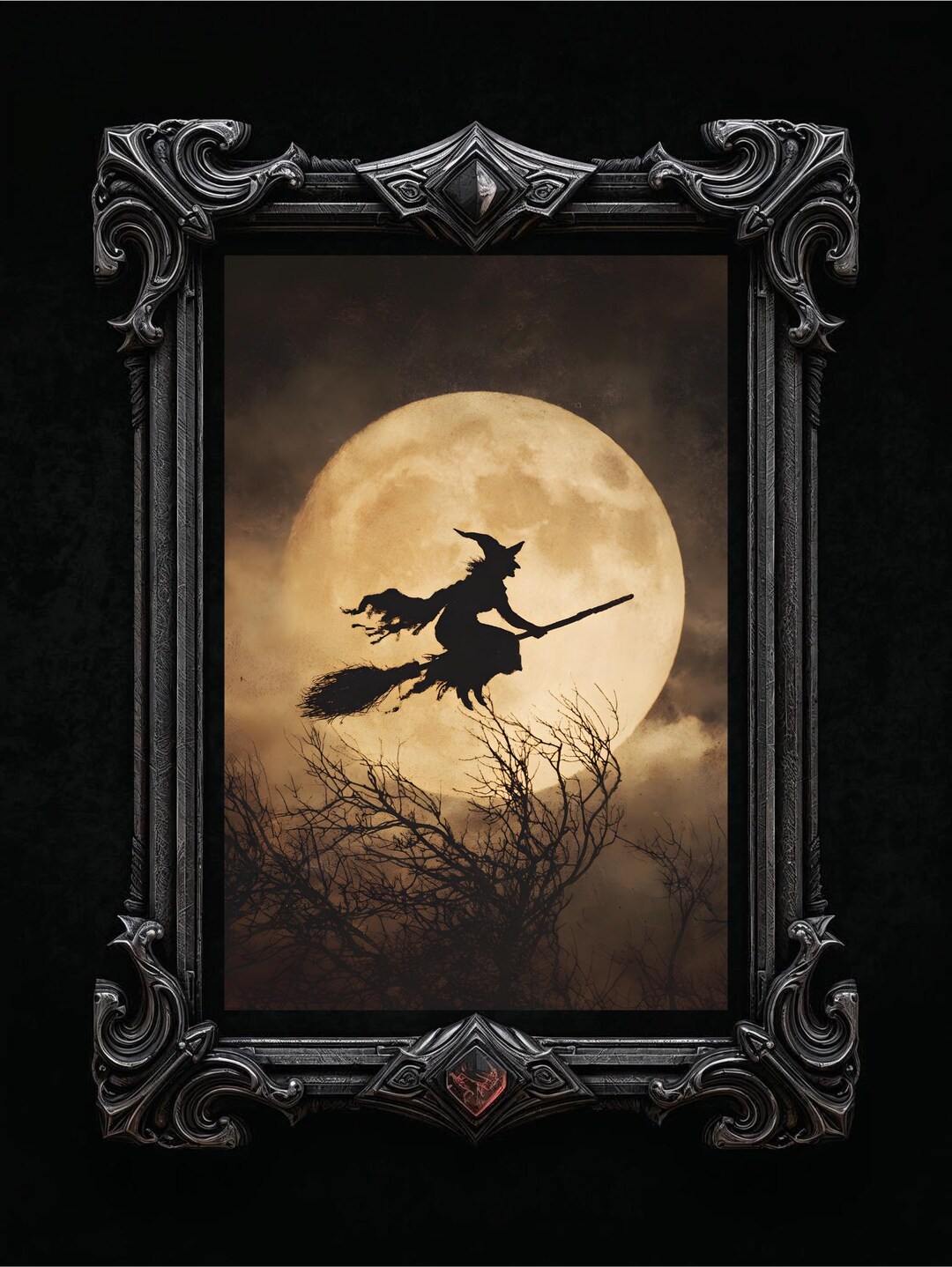 Cloudy Night Witch Silhouette Print | Vintage Moonlit Wall Art ...