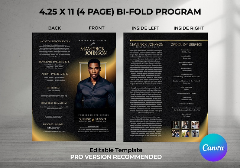 4.25x11" Memorial Program (4 Pages) Bi-fold | Black & Gold Funeral ...