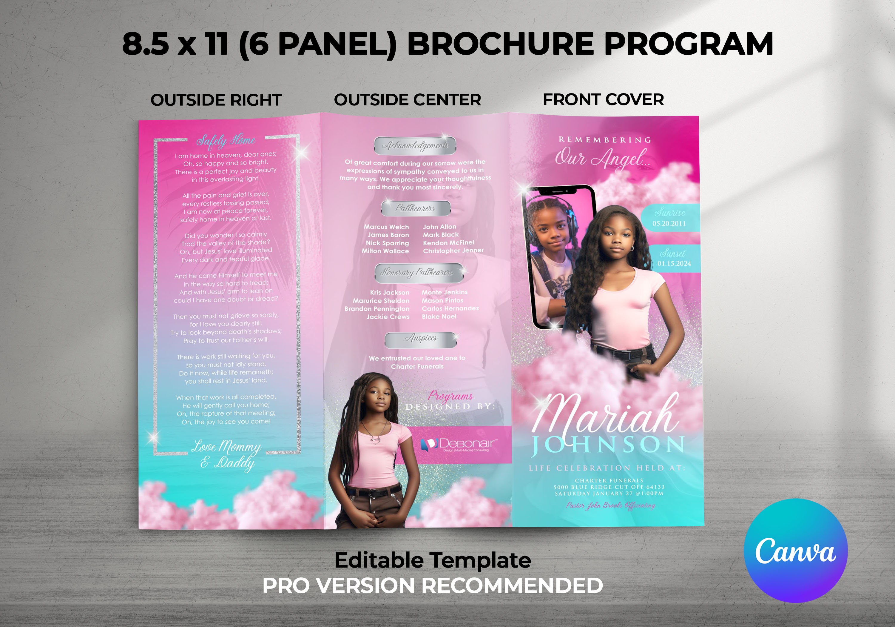 8.5x11 6-panel Brochure Format Girl Preteen Obituary | Pink & Blue ...