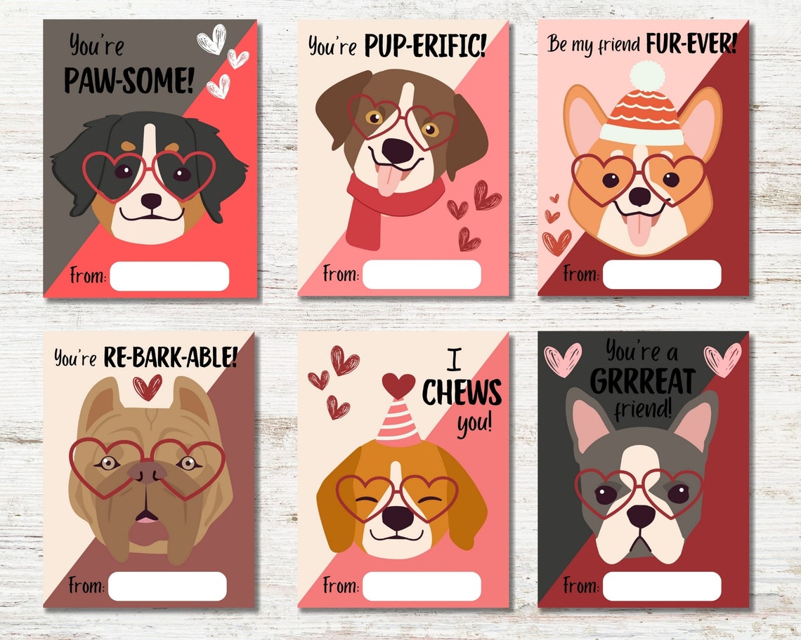 Printable Classroom Dog Valentine's Cards, Kid's Valentine's Cards ...