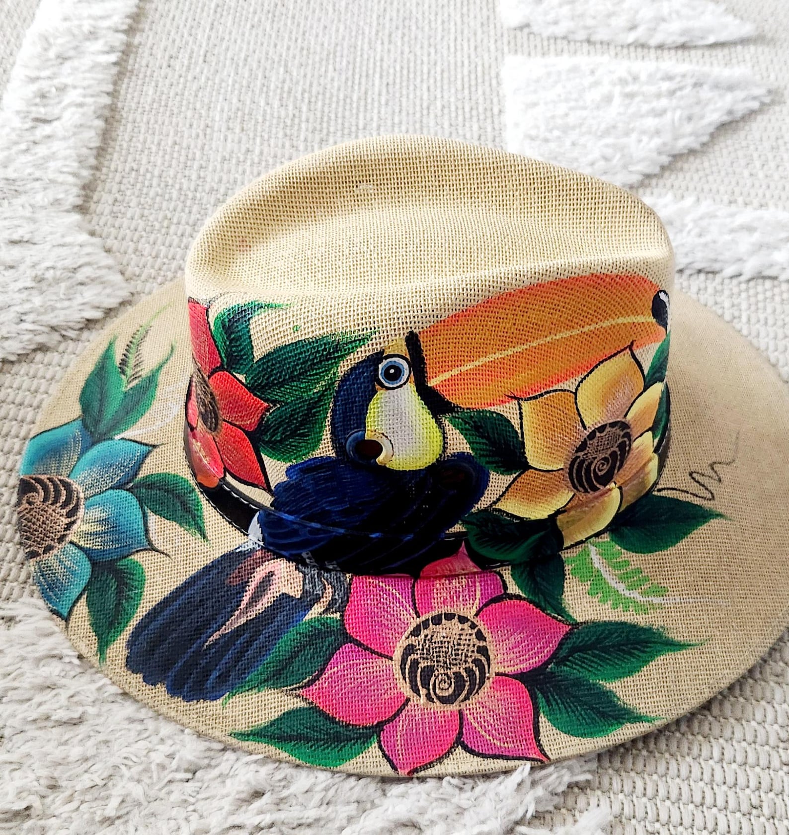 Tropical Beige Sraw Hat With Toucan and Multi Colored Flowers - Etsy