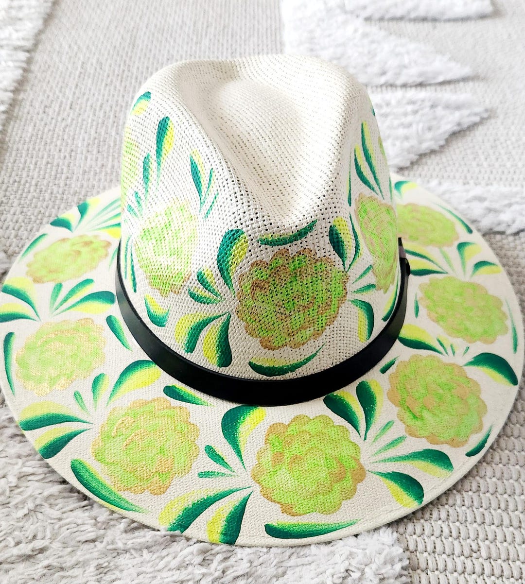 Beige Sraw Hat With Neon Chartreuse Flowers and Green and Gold Accents ...