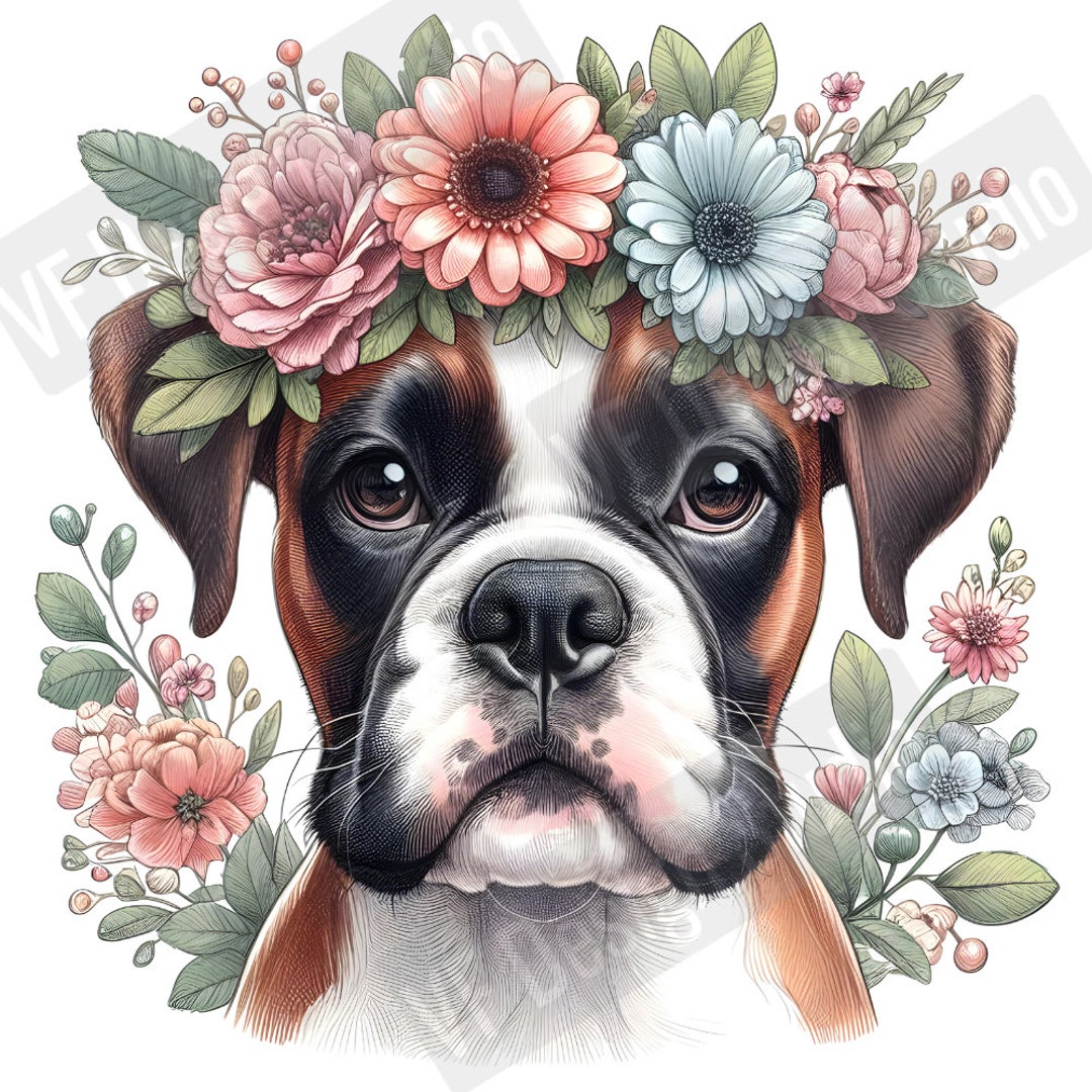 Digital Boxer Flower Dog Art Cute Boxer Puppy PNG Instant Download for ...