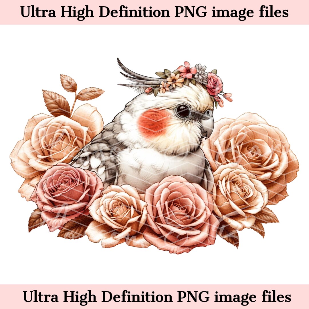 Digital Cute Cockatiel PNG Flower Pet Art - Cute Bird PNG Instant ...