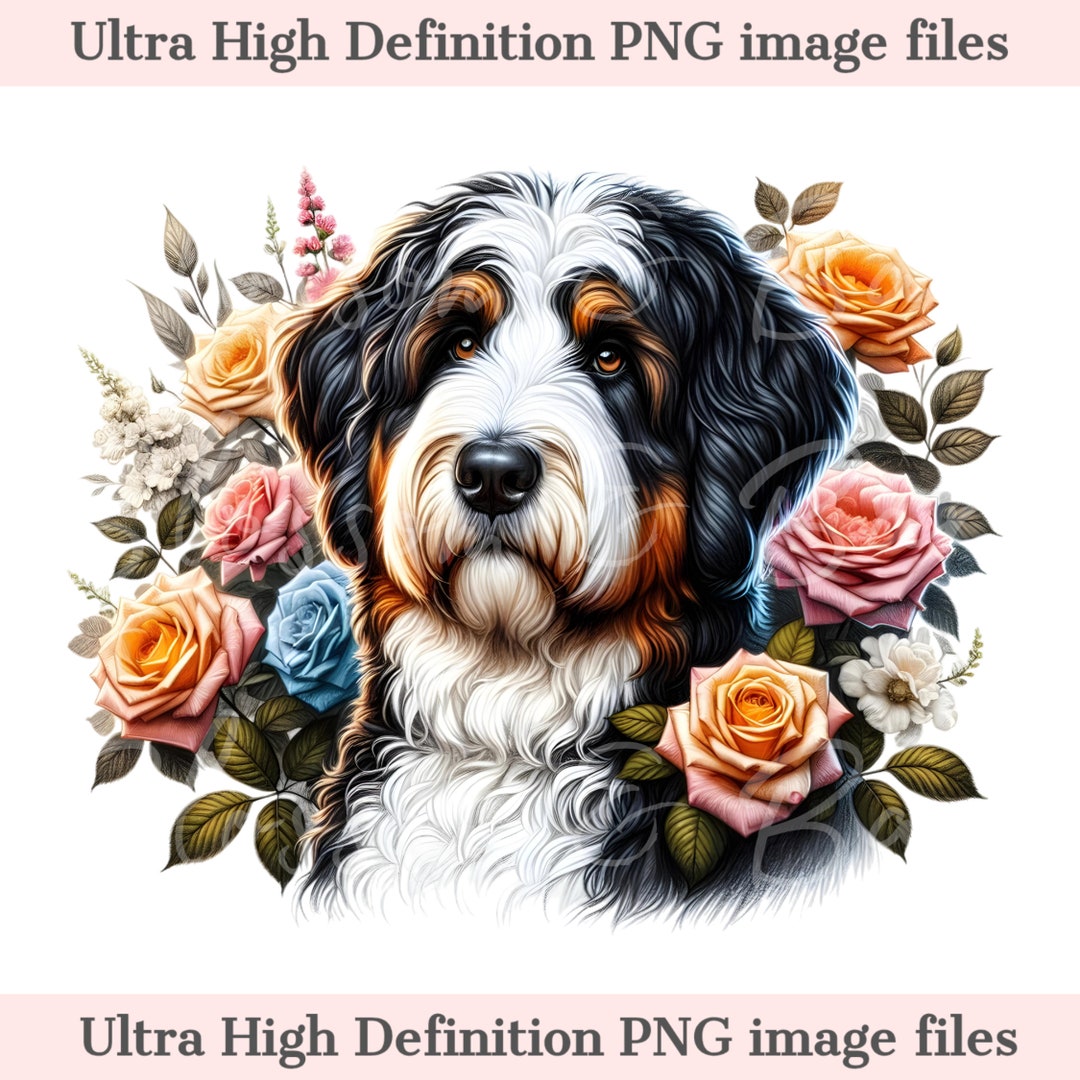 Digital Bernedoodle PNG Flower Dog Art - Cute Adult Bernedoodle PNG ...