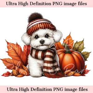Digital Autumn Bichon Frise Dog PNG - Cute Bichon Frise PNG Instant ...
