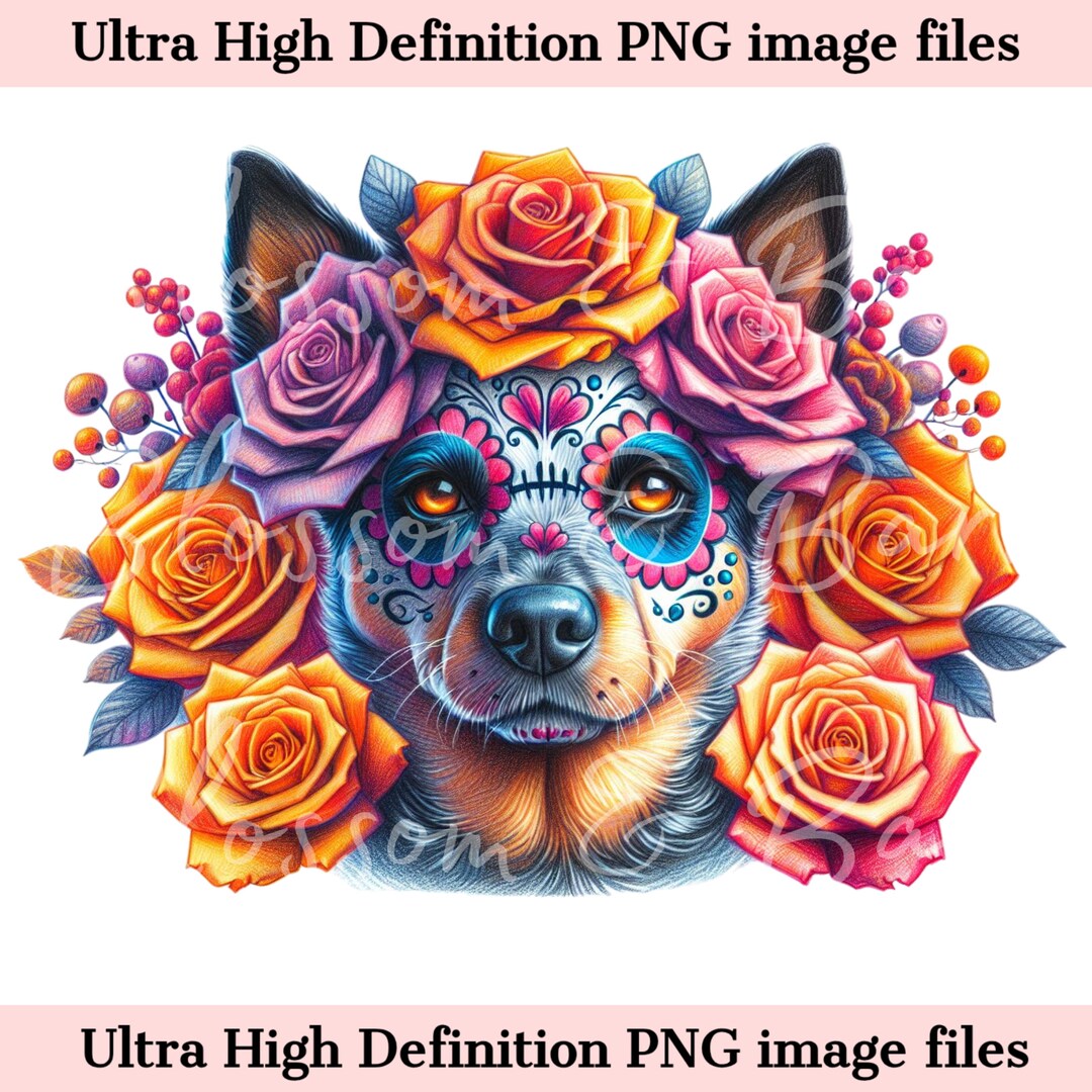 Digital Blue Heeler PNG Day of the Dead Art Australian Cattle Dog PNG ...