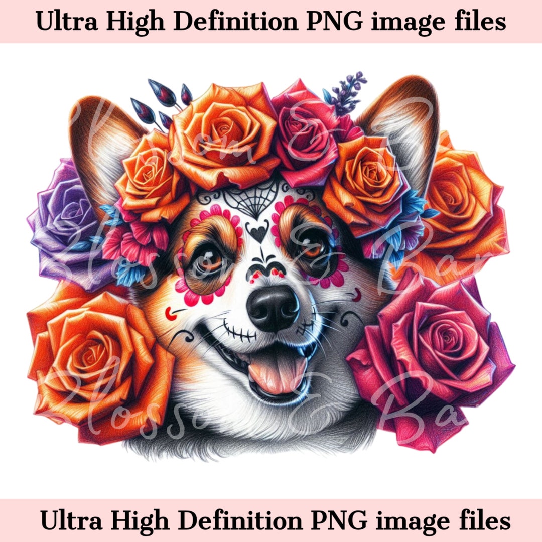 Digital Pembroke Welsh Corgi PNG Day of the Dead - Cute Corgi PNG ...