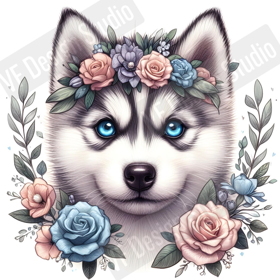 Digital Siberian Husky Dog PNG Flower Dog Art - Cute Huskies PNG ...