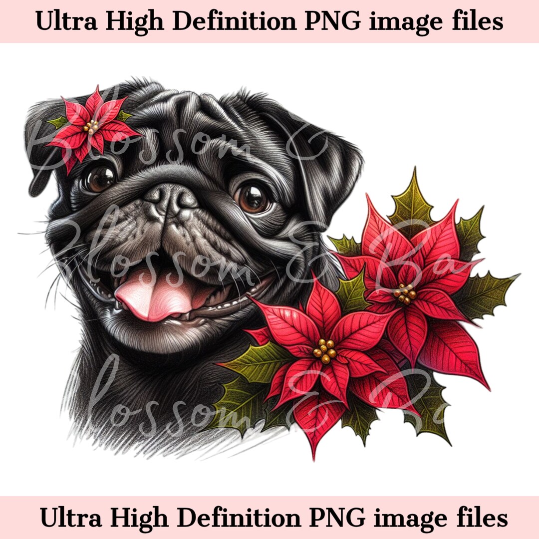 Digital Christmas Pug Dog PNG Holiday Dog Art - Black Pug Puppy PNG ...