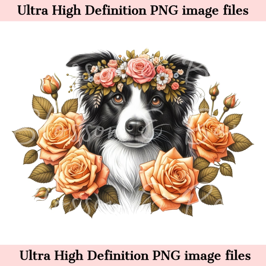 Digital Border Collie PNG Flower Dog Art - Cute Collie Puppy PNG ...