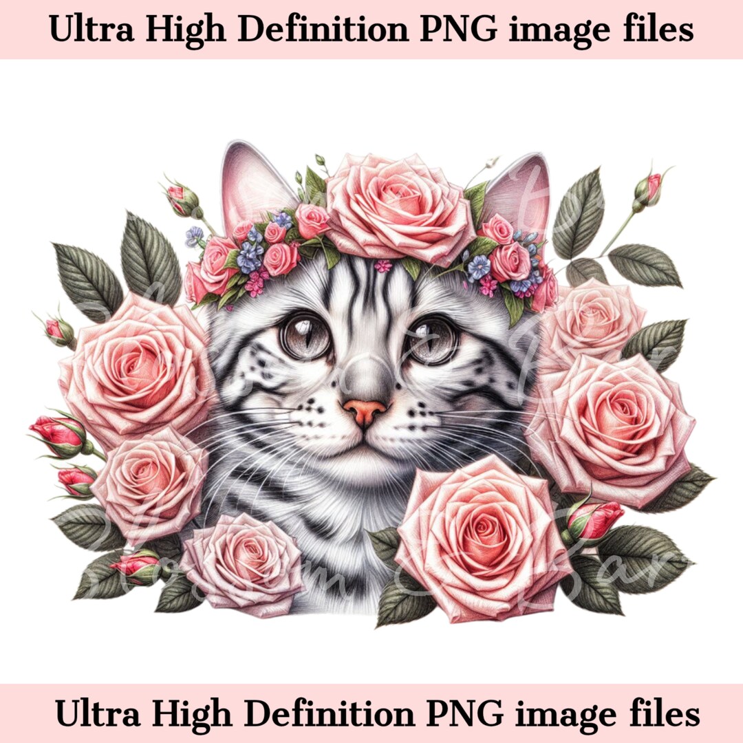 Digital Beautiful Silver Bengal Cat PNG Flower Cat Art - Cute Kitten ...