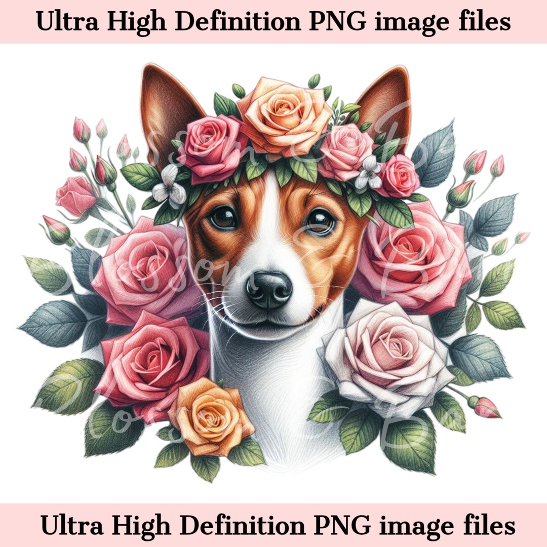 Digital Basenji PNG Flower Dog Art - Cute Basenji Puppy PNG Instant ...