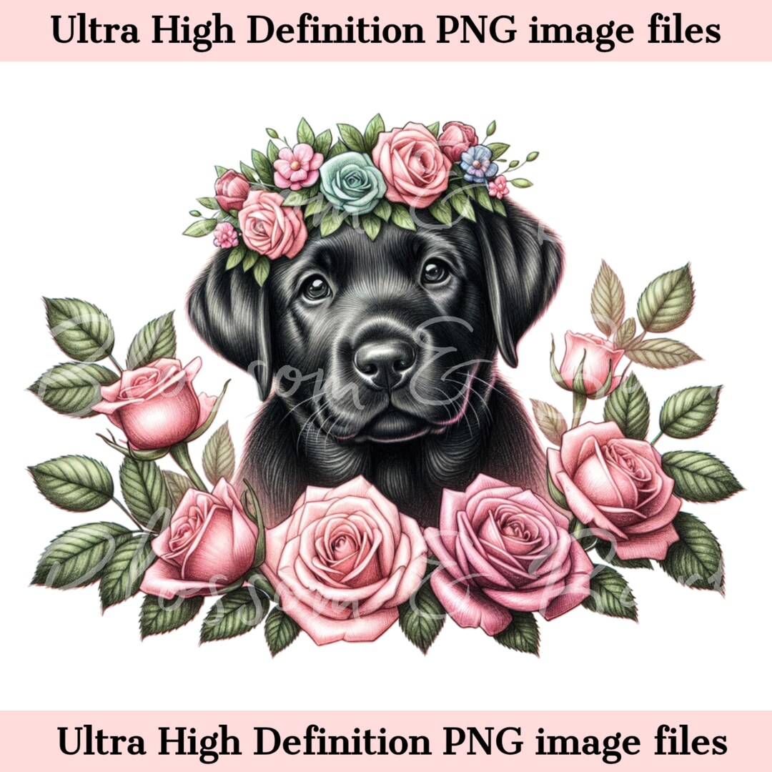Digital Cute Black Labrador Dog PNG - Floral Cavachon PNG Instant ...