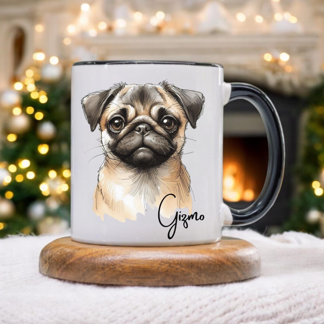 Pug Mug - Custom Dog Portrait Coffee Cup With Name, Personalized Name ...