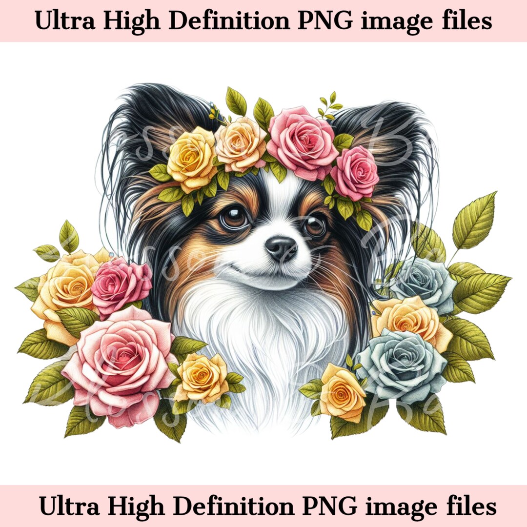 Digital Papillon Dog PNG Flower Dog Art - Cute Papillon Puppy PNG ...