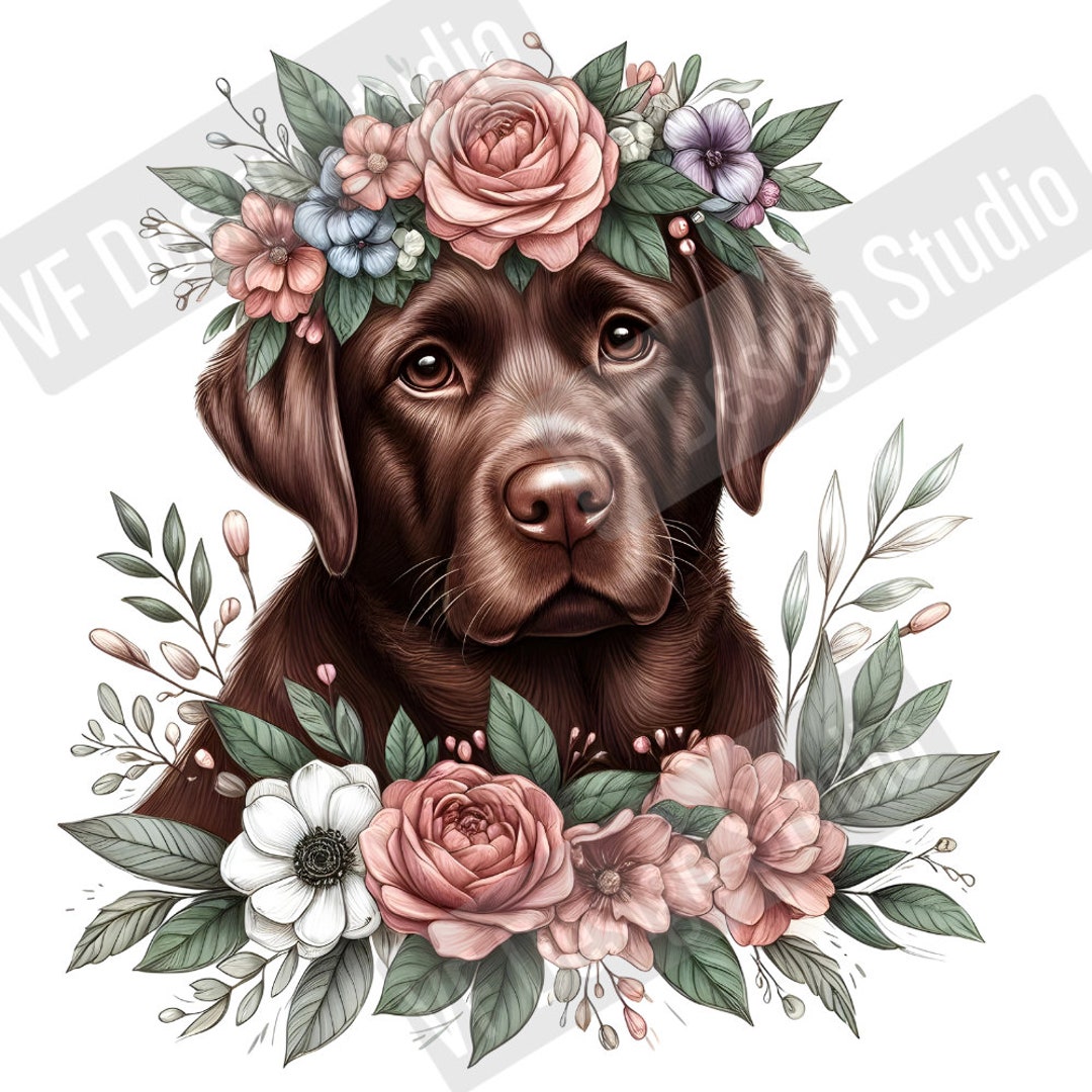 Digital Chocolate Labrador Retriever PNG Flower Dog Art - Cute Brown ...