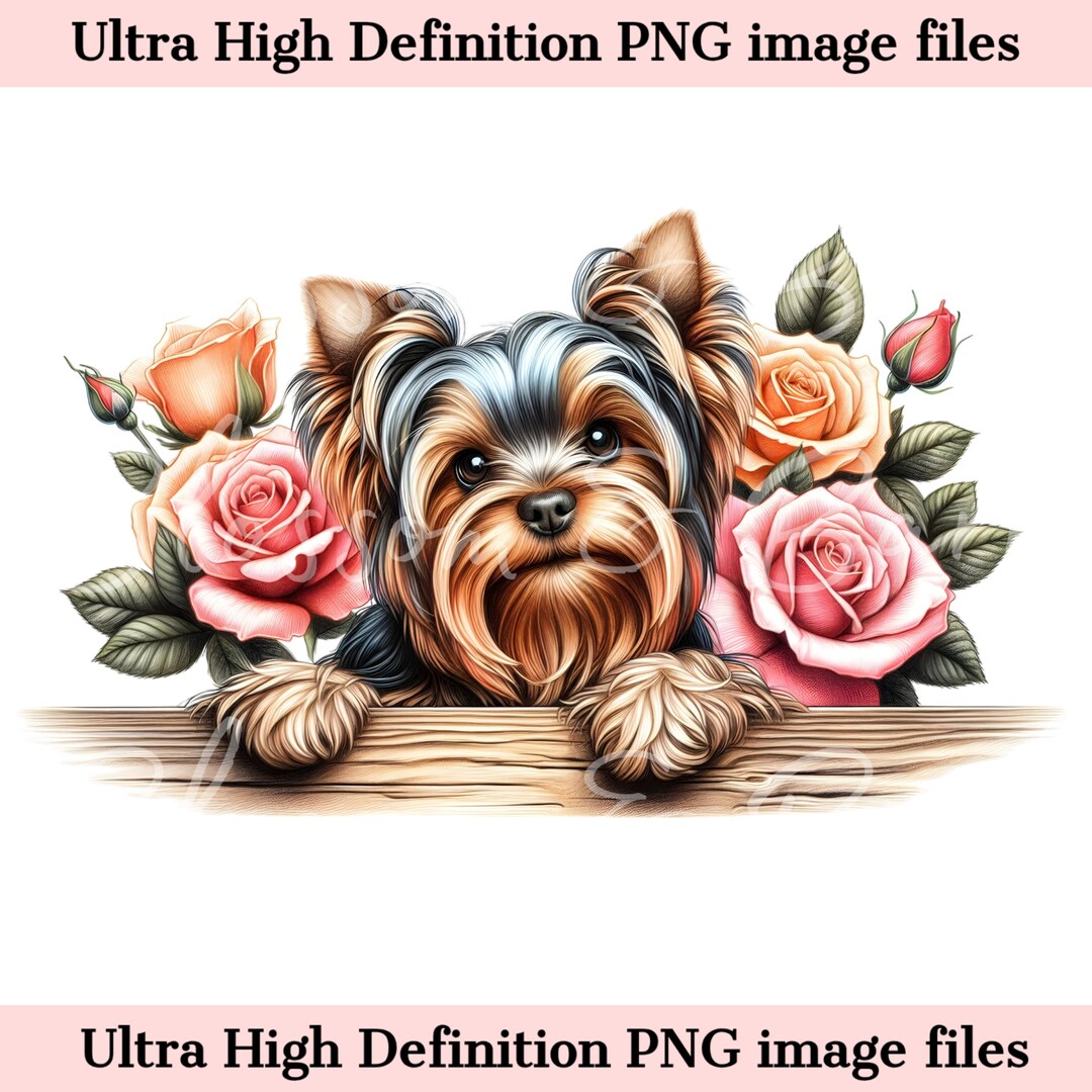 Digital Peeking Yorkie PNG With Roses - Floral Dog Breed PNG for ...